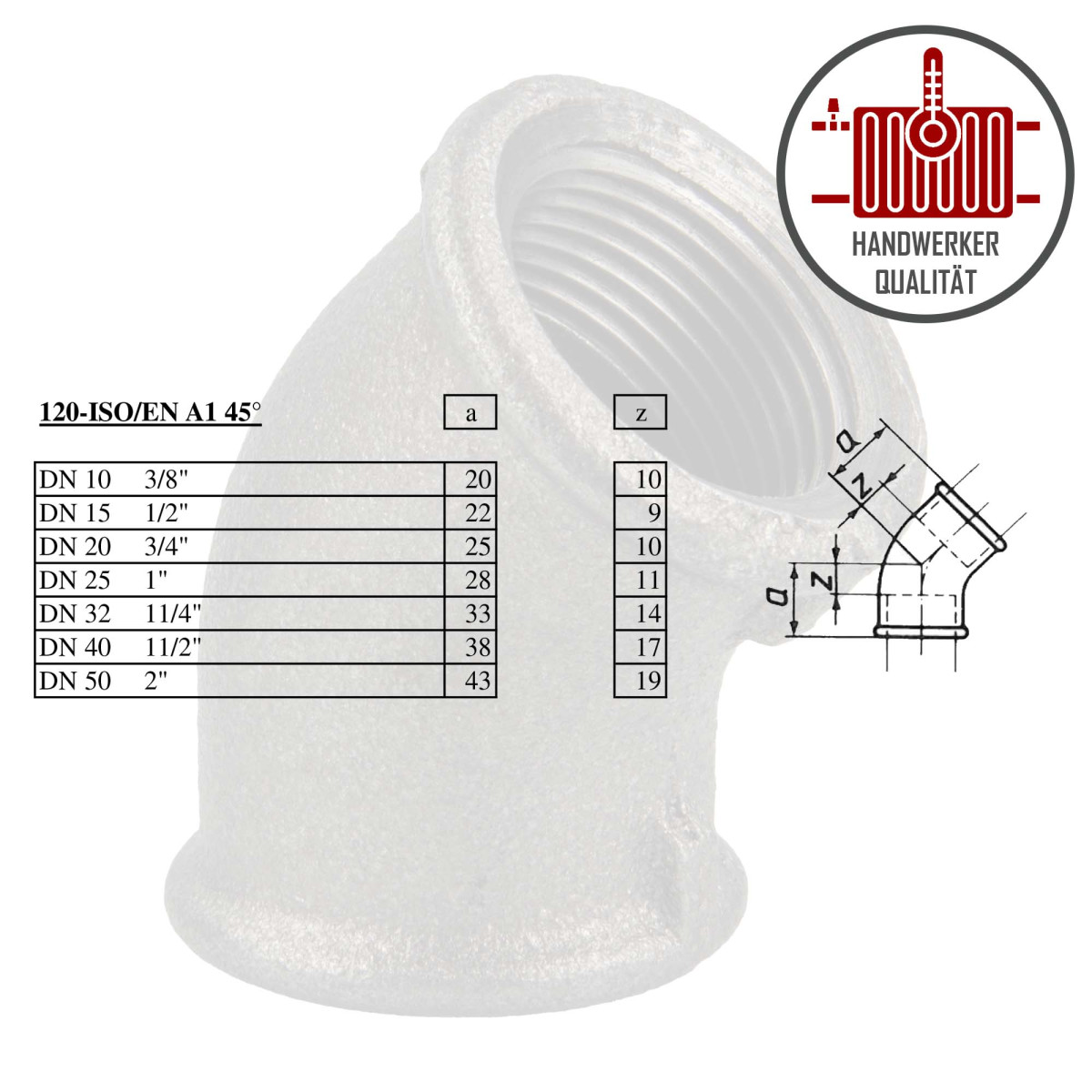 Temperguss-Gewindefitting schwarz Winkel 45°, IG x IG 3/4 Zoll, Typ 1, 2,15
