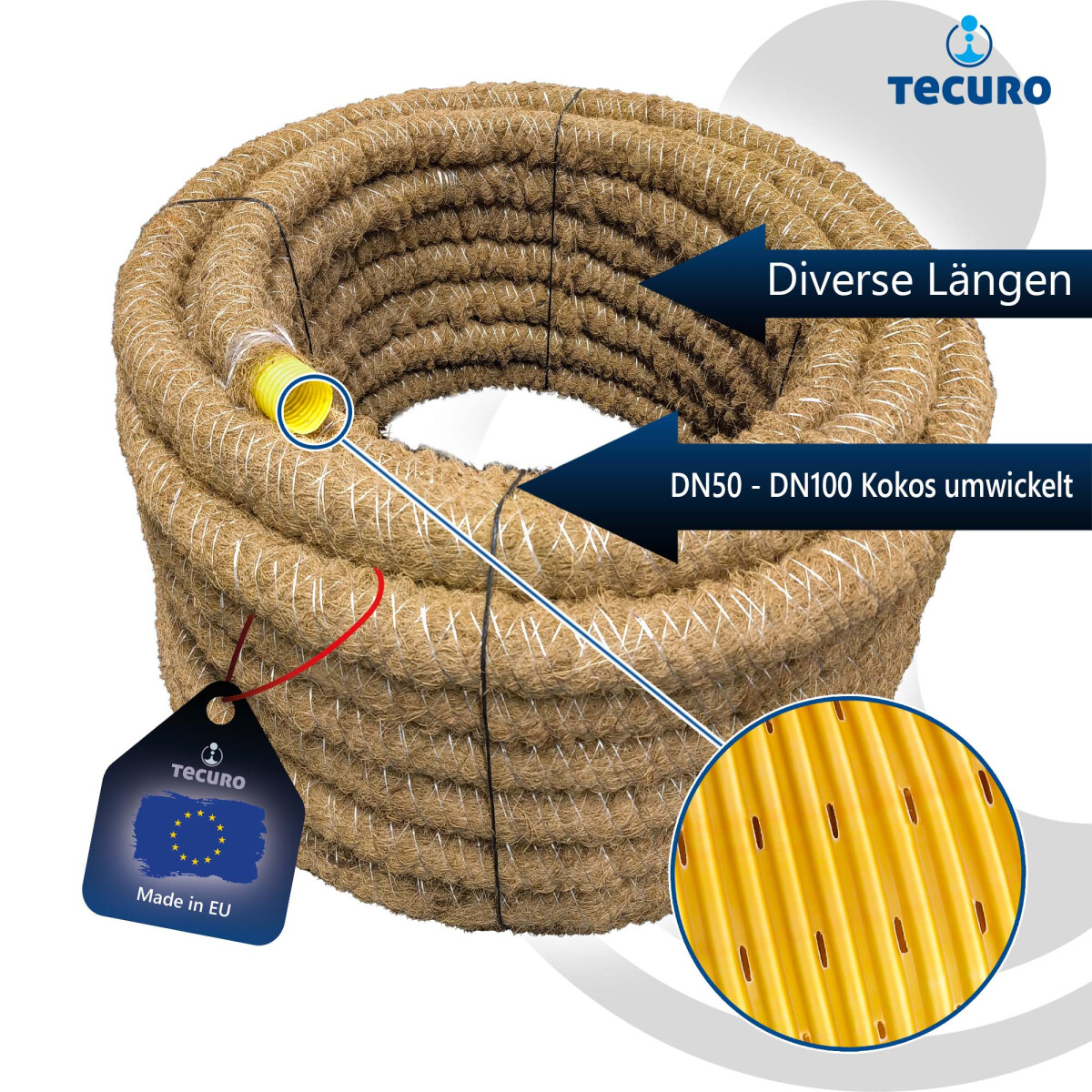 tecuro Drainagerohr, flexibel, gewellt und geschlitzt, mit Kokosumfle ...